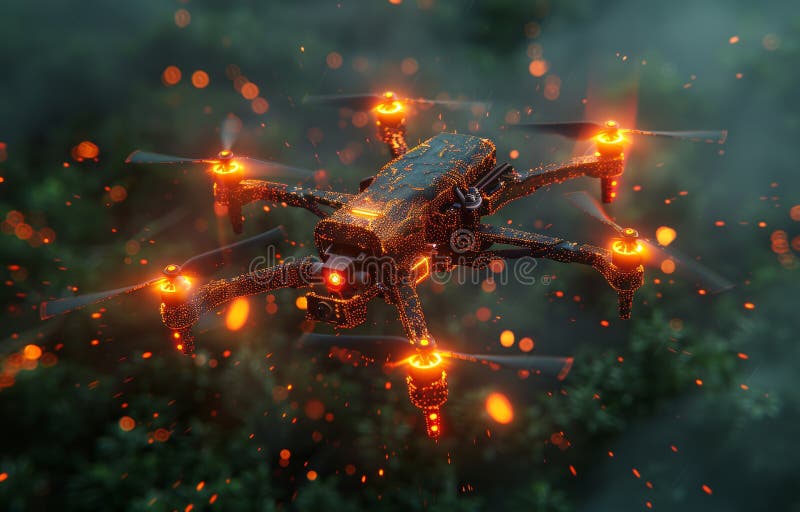 Futuristic Drone in Flight with Glowing Lights and Digital Effects in a ...