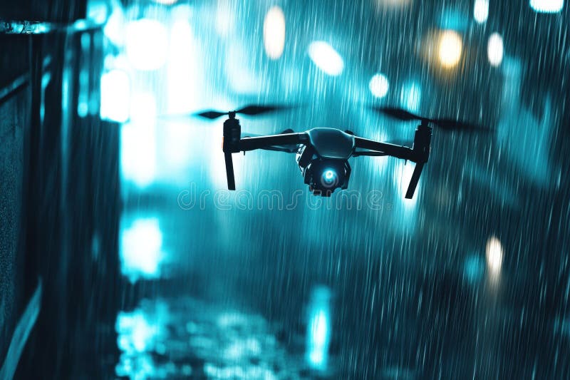 Futuristic Drone Flying at Night in Rainy Urban Environment with Neon ...