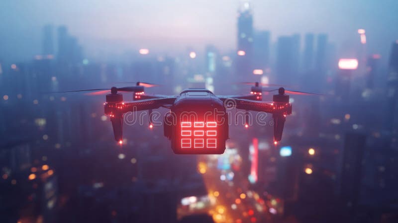 Futuristic Drone Flying Over a City at Night Stock Illustration ...