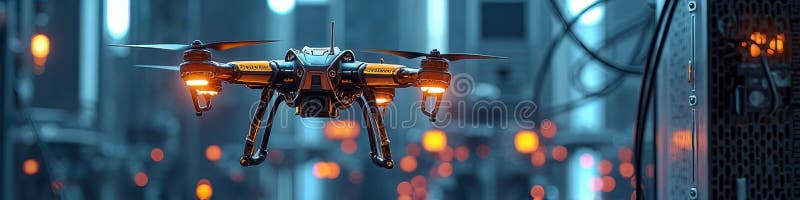 Futuristic Drone Flying in Urban Nightscape with Illuminated Lights and ...
