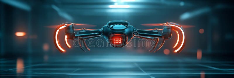 Futuristic Drone with Glowing Red Lights Navigating through a Neonlit ...