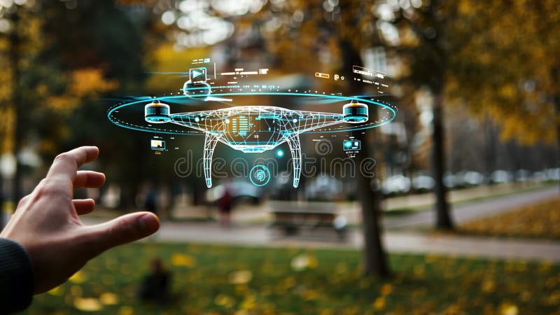 Futuristic Drone with Digital Interface Flying Over Autumn Park Stock ...