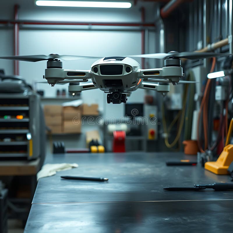A Futuristic Drone Hovering Over a Metallic Workbench Stock ...