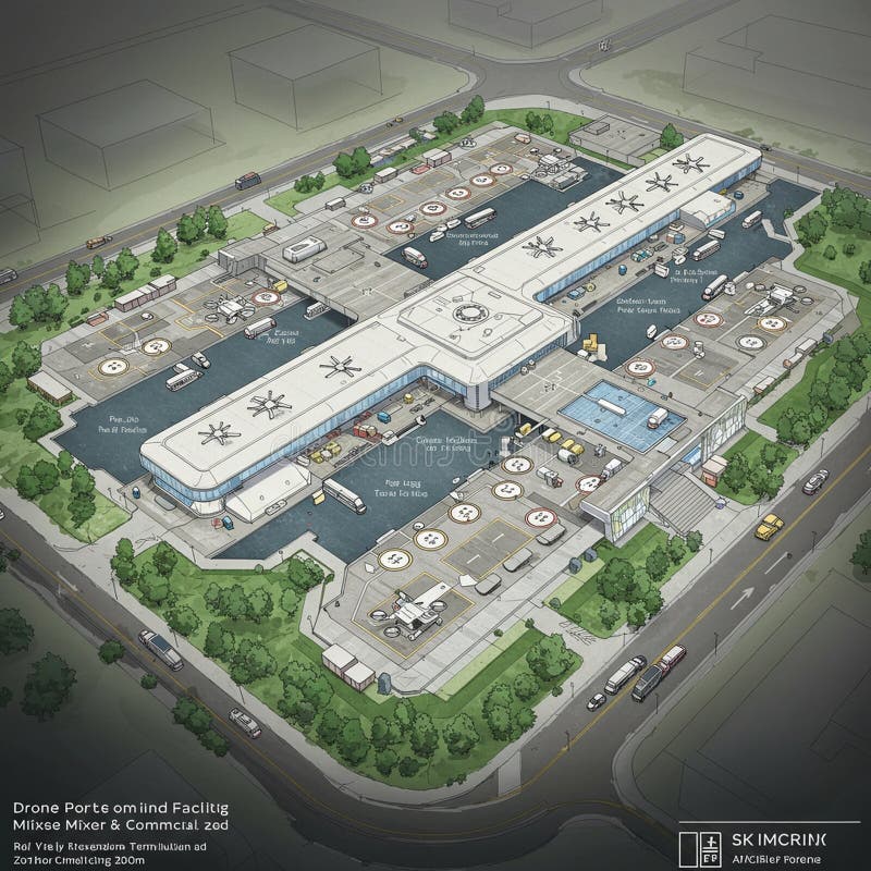 Futuristic Drone Hub Design Featuring a Large, T-shaped Structure with ...