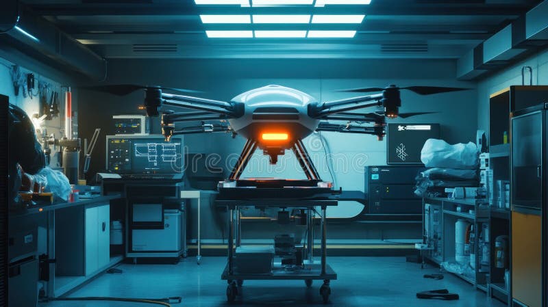 Futuristic Drone Lab stock illustration. Illustration of artificial - 385776864