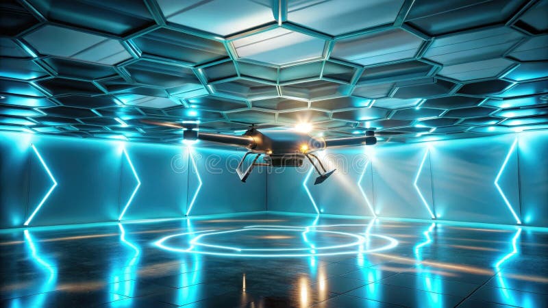 Futuristic Drone in a Neon-lit Hexagonal Chamber Hovering Above a ...