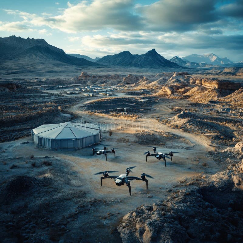 Futuristic Drone Operations in a Remote Desert Landscape Under Clouds ...
