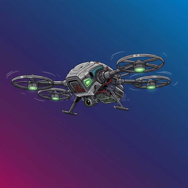 Futuristic Drone with a Robotic Appearance, Featuring Four Circular ...