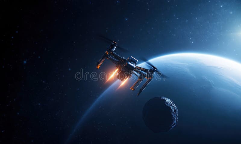Futuristic Drone with Rocket Engines Flying in Space Over Asteroid and ...