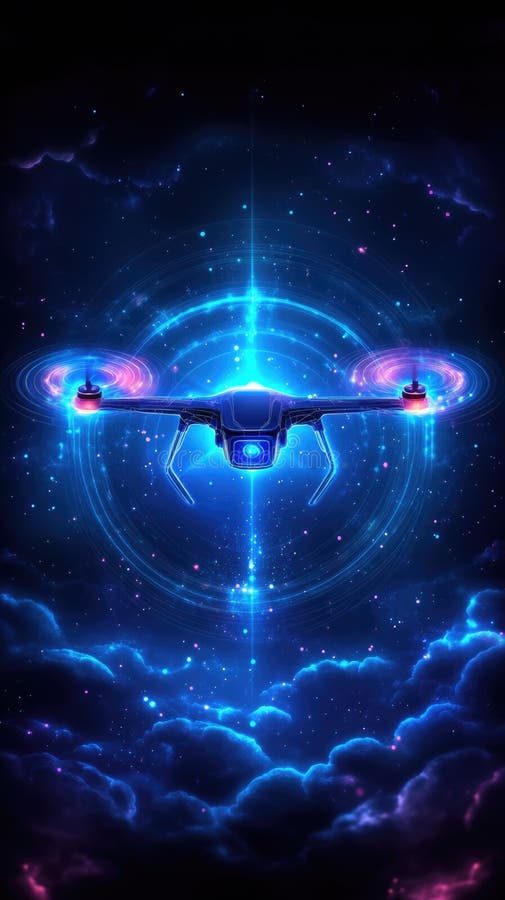 Futuristic Drone Soaring through Cosmic Sky with Neon Lights Stock ...