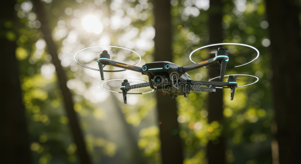 Futuristic Drone Soaring through Sunlit Forest with Advanced Technology ...