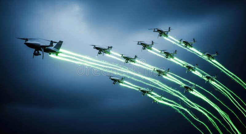Futuristic Drone Swarm Flying in Formation with Luminous Green Data ...