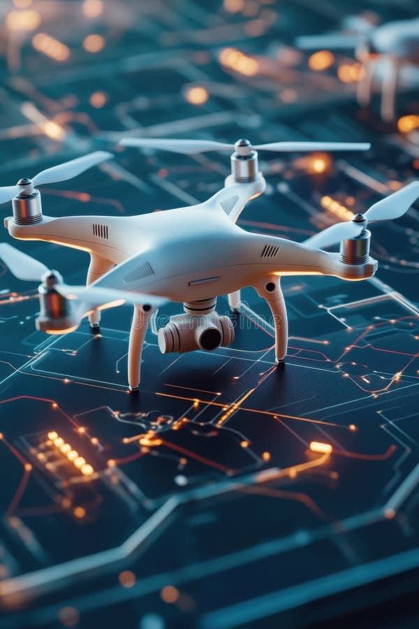 Futuristic Drone Technology on Digital Map with Neon Light Connections ...