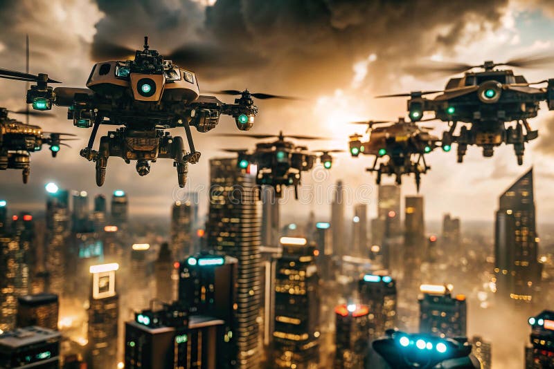 Futuristic Drones Attack Cityscape Dusk Stock Illustration ...