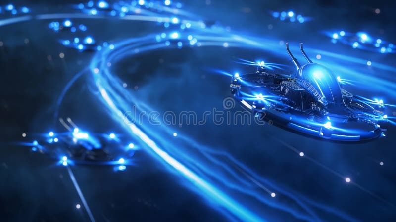 Futuristic Drones with Blue Lights in Motion Stock Photo - Image of ...