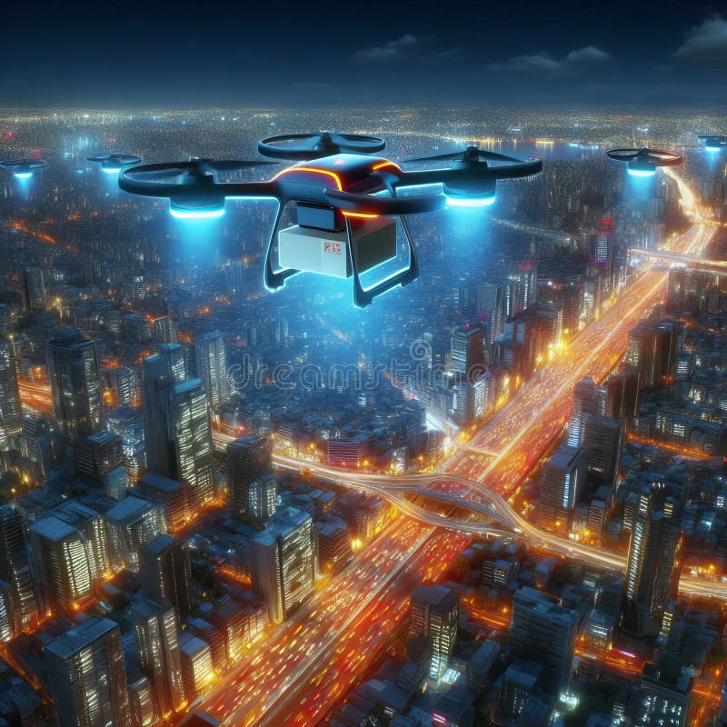 Futuristic Drones Delivering Packages Over City at Night Stock Image ...