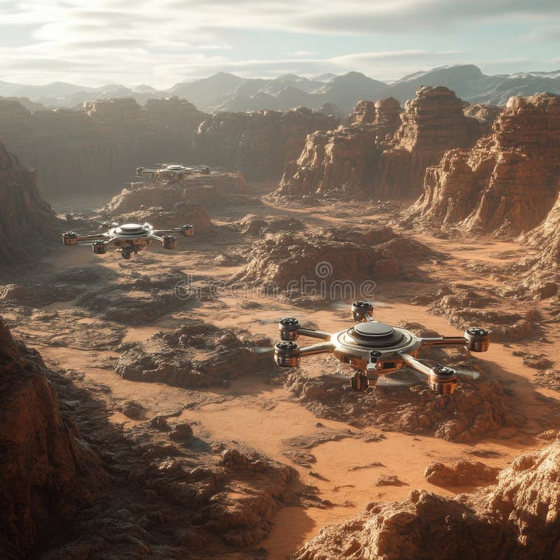 Futuristic Drones Exploring Rocky Landscape Under Clear Sky Stock Photo ...