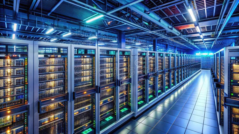 A Futuristic Drones Eye View Detailed Visualization of a Modern Server ...