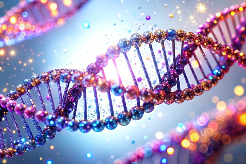 A Futuristic Drones Eye View Glittering DNA Double Helix Rotating ...