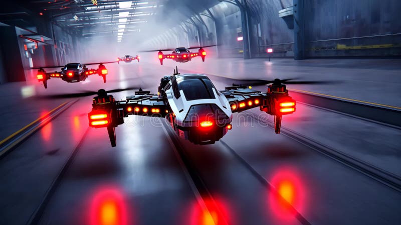 Futuristic Drones Flying in Formation Inside Industrial Hangar Stock ...