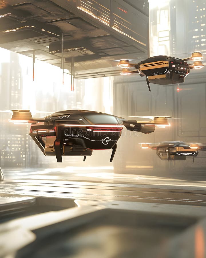 Futuristic Drones Flying in a High-tech Urban Environment Stock ...