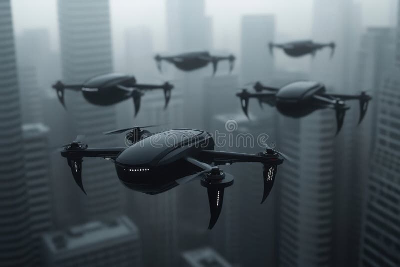 Futuristic Drones Flying in Misty Urban Skyline Displaying Modern ...