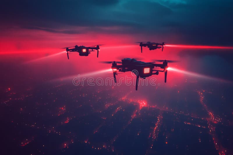 Futuristic Drones Flying Over Burning City at Night with Red ...