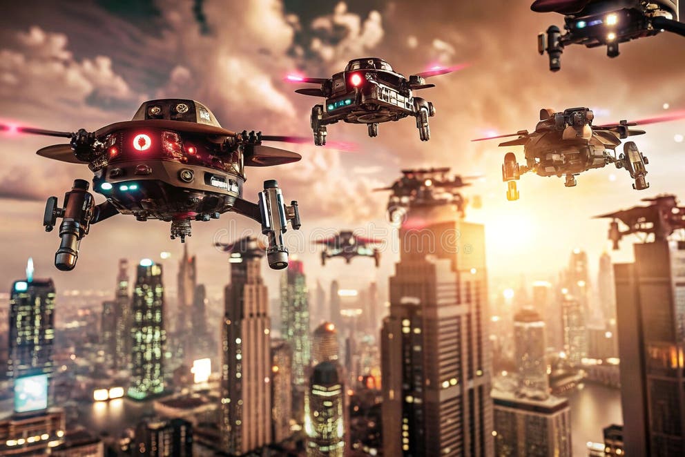 Futuristic Drones Flying Over City Skyline at Sunset Stock Illustration ...