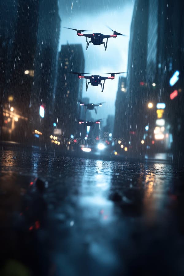 Futuristic Drones Flying Over City Street in Night Rain. Stock Photo ...