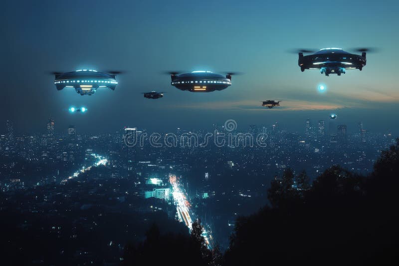 Futuristic Drones Flying Over Night Cityscape Stock Image - Image of ...