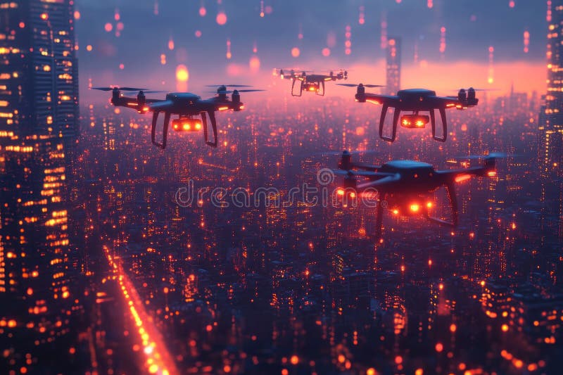 Futuristic Drones Flying Over Vibrant Cityscape at Dusk, Illuminated by ...