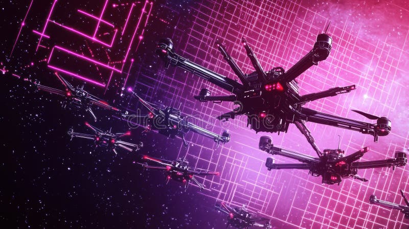 Cyberpunk Drone Swarm stock illustration. Illustration of robots ...