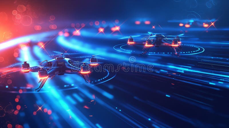 Futuristic Drones in Neon Light Trails Stock Image - Image of cyber ...