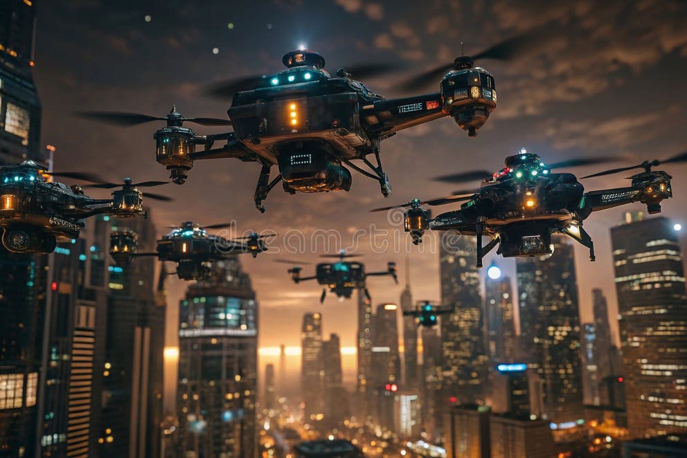 Futuristic Drones Patrol City Skyline at Dawn Stock Illustration ...