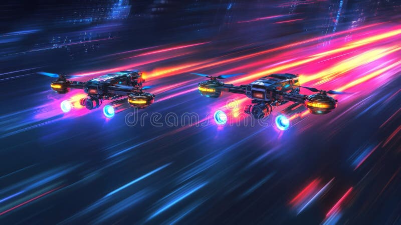 Futuristic Drones Racing through Neon City at Night Stock Illustration ...