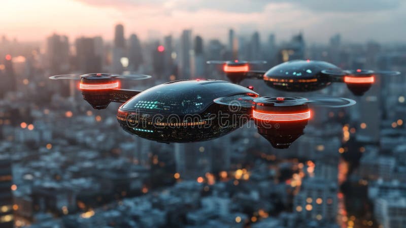 Futuristic Drones Soaring Over City at Sunset Stock Illustration ...