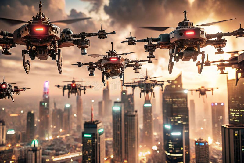 Futuristic Drones Swarm City Skyline at Sunset Stock Illustration ...