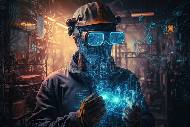 Industrial Worker Using Augmented Reality Goggles in a Factory Stock ...