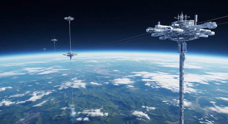 Futuristic Earth Elevator System: Sci-Fi Space Station Connecting Earth and Orbit, Cutting-Edge ...