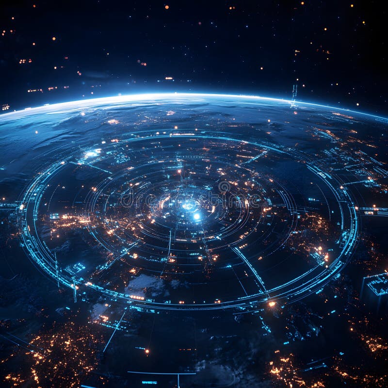 Futuristic Earth at Night Glowing with Digital Network Pattern Stock ...