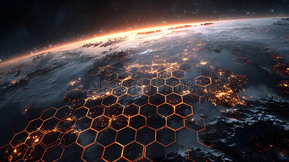 Futuristic Earth View from Space with Glowing Hexagonal Network Overlay ...