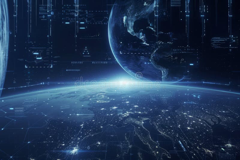 Futuristic Earth Viewed from Space with Digital Interface Elements ...