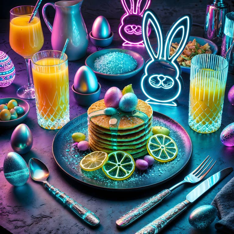 Futuristic Easter Breakfast with Neon Glowing Eggs and Cyber-inspired ...