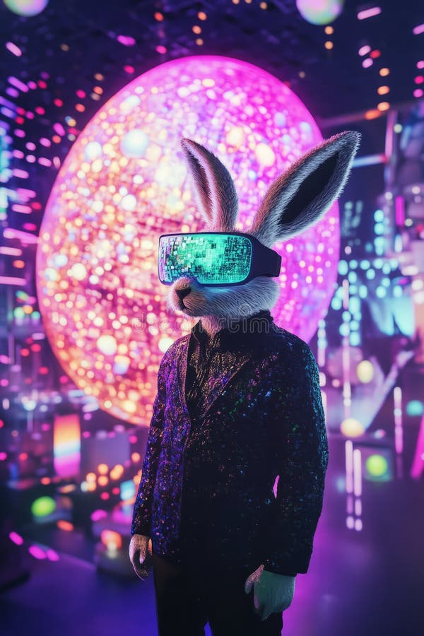 A Futuristic Easter Bunny in a Digital World, Wearing Holographic ...