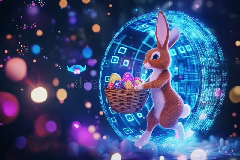 A Futuristic Easter Bunny Emerging from a Glowing Digital Portal ...