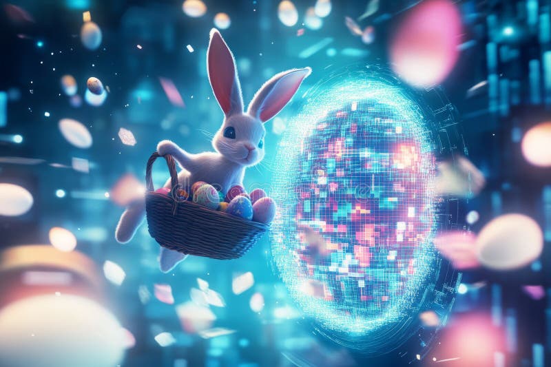 A Futuristic Easter Bunny Emerging from a Glowing Digital Portal ...