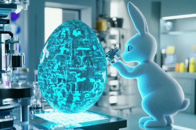 A Futuristic Easter Bunny Inside a Sleek, Modern Lab, Carefully ...