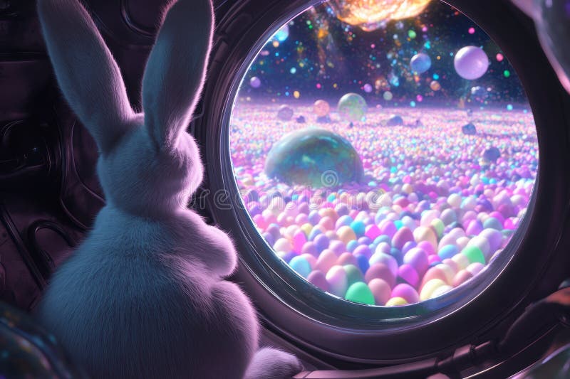 A Futuristic Easter Bunny Inside a Spaceship, Gazing Out at a Planet ...