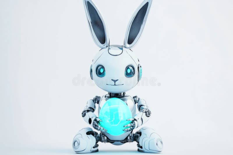 A Futuristic Easter Bunny Robot, Sleek and Metallic, Carefully Holding ...