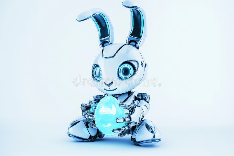 A Futuristic Easter Bunny Robot, Sleek and Metallic, Carefully Holding ...